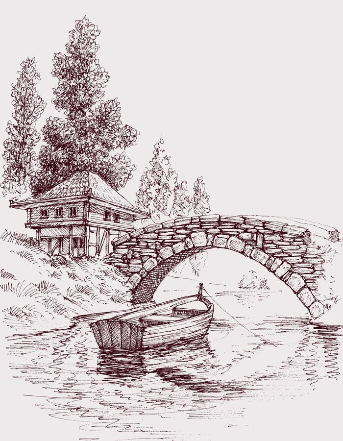 Stone Bridge Over River To a House Cabin Stock Vector - Illustration of ...