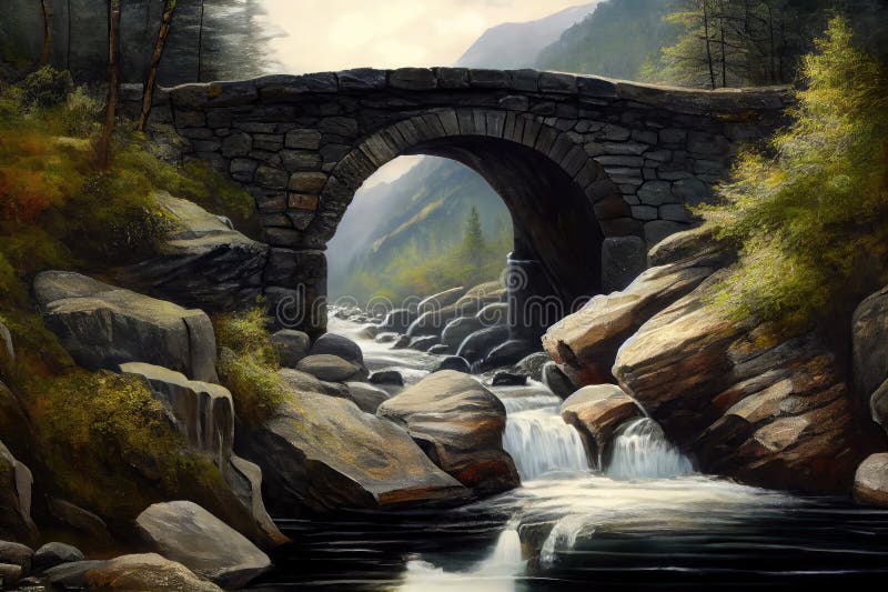 Stone Bridge Over Rushing River, with Waterfall in the Background Stock ...