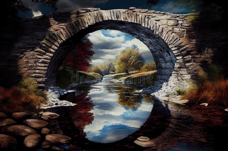 Stone Bridge Over Rushing Stream, with Reflection of Trees and Sky ...