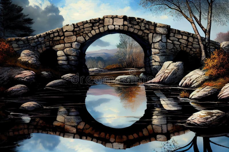 Stone Bridge Over Rushing Stream, with Reflection of Trees and Sky ...