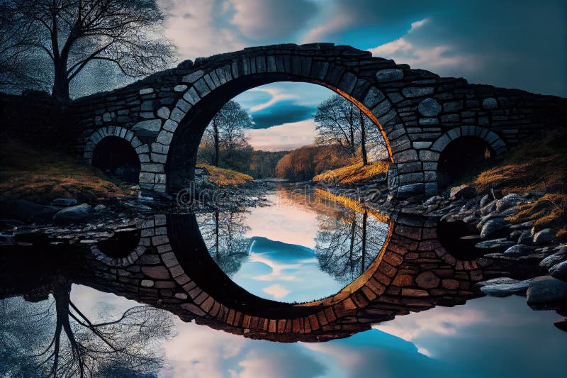 Stone Bridge Over Rushing Stream, with Reflection of Trees and Sky ...