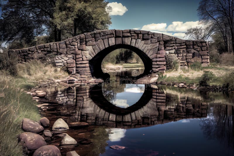 Stone Bridge Over Rushing Stream, with Reflection of Trees and Sky ...