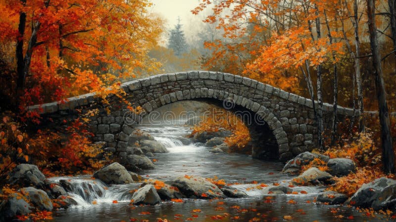 Stone Bridge Over a Stream in an Autumn Forest Stock Illustration ...