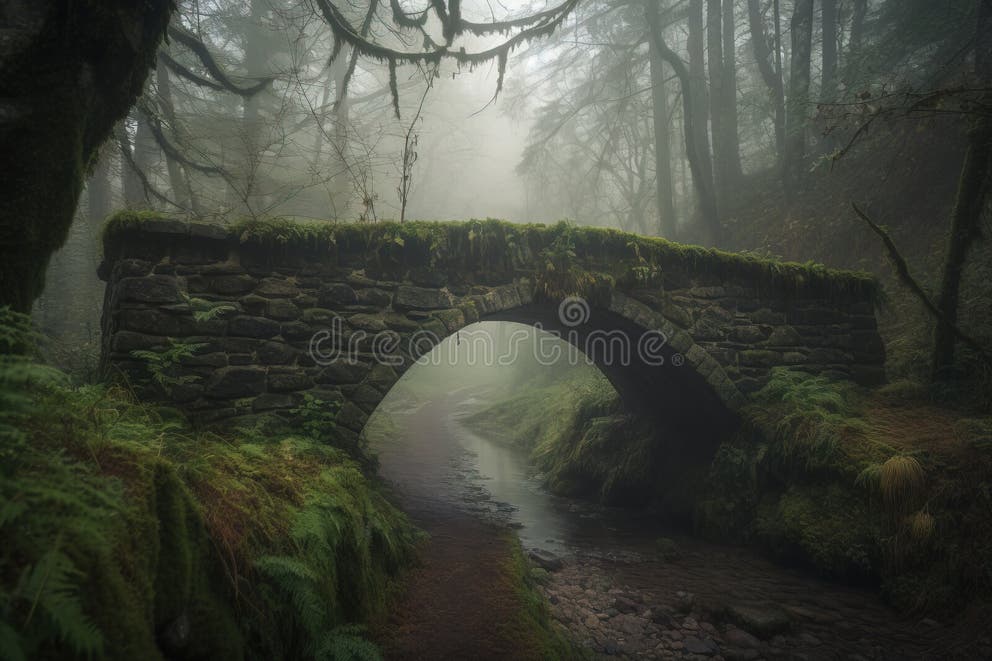 A Stone Bridge Over a Stream in a Forest with Moss Growing on it Stock ...