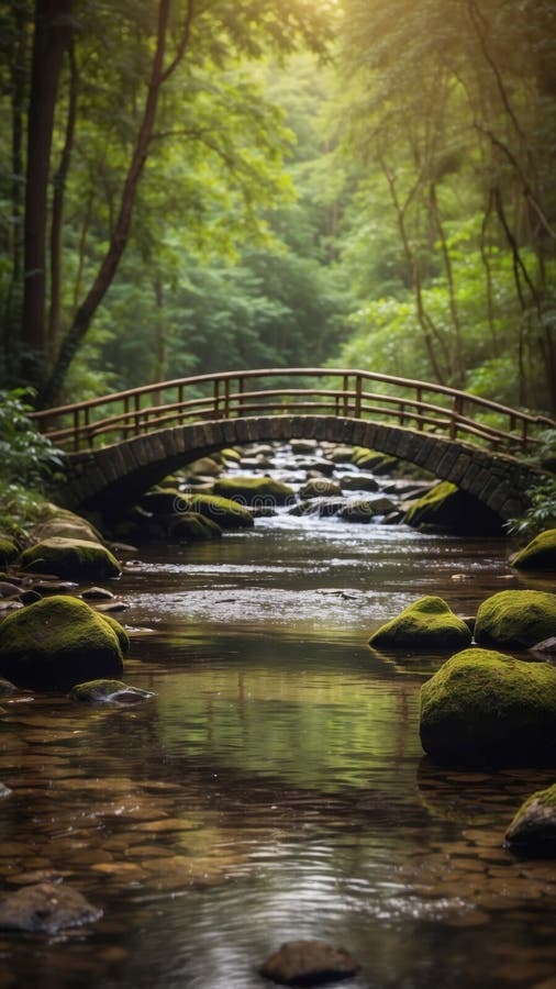 Stone Bridge Over a Stream in a Lush Forest. Stock Photo - Image of ...