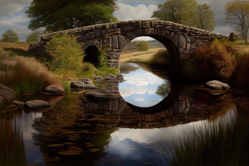 Stone Bridge Over Stream, with Reflections of Trees and Sky Visible ...