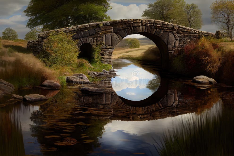Stone Bridge Over Stream, with Reflections of Trees and Sky Visible ...