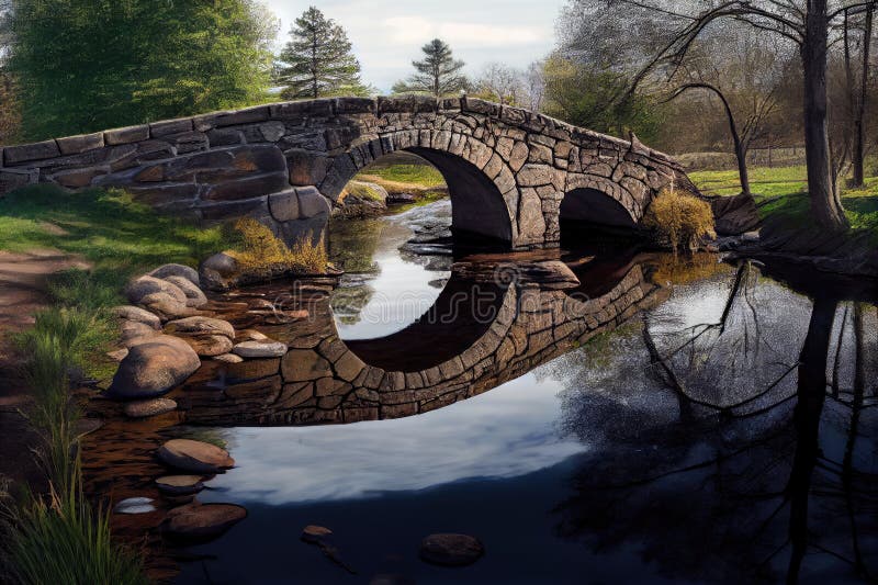 Stone Bridge Over Stream, with Reflections of Trees and Sky Visible ...