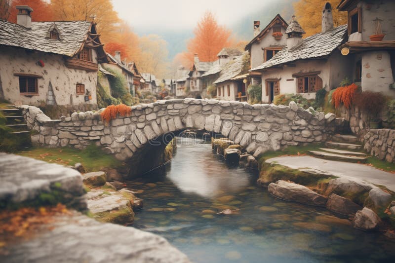 Stone Bridge Over a Stream in a Rustic Mountain Village Stock Image ...