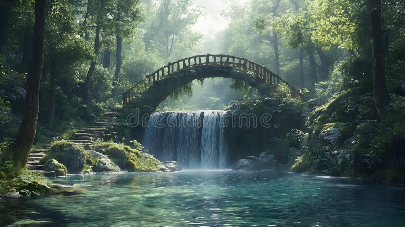 Stone Bridge Over Waterfall in Lush Forest - 3D Illustration Stock ...