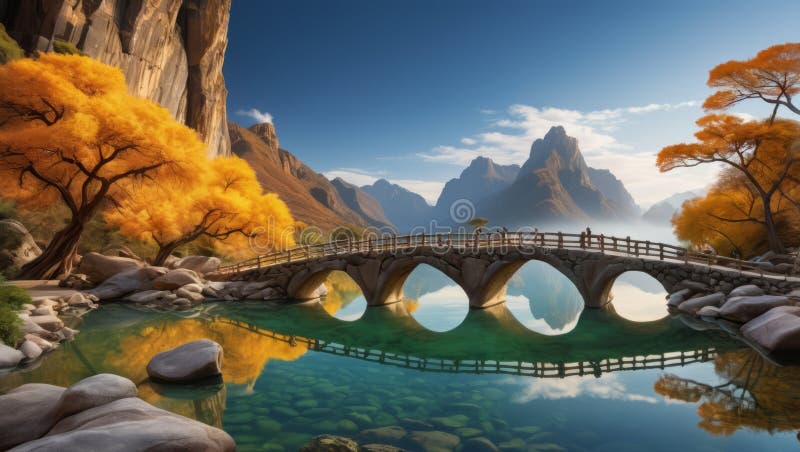 A Stone Bridge a Pristine, Rippling Jade Lake Stock Illustration ...