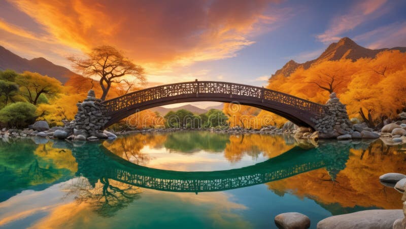 A Stone Bridge a Pristine, Rippling Jade Lake Stock Illustration ...