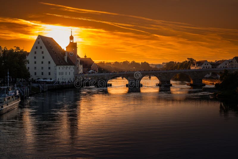 Stone Bridge of Regensburg during Sunset Editorial Image - Image of ...