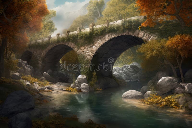 Stone Bridge Scene in Forest. Generate Ai Stock Illustration ...