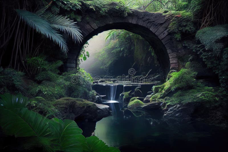 Stone Bridge, Surrounded by Lush Greenery and Cascading Waterfall, in ...
