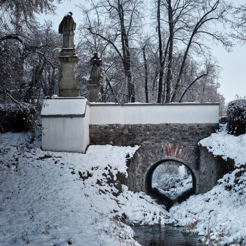 Stone Bridge and Two Statues in Pardubice, Czech Republic Stock Image ...
