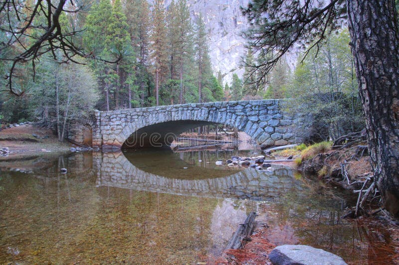 Stone Bridge Over Merced River In Yosemite Stock Photo - Image of mist ...