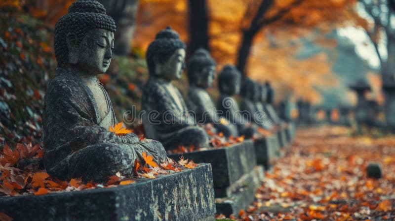 Stone Buddha Statues Amidst Autumn Foliage Stock Illustration ...