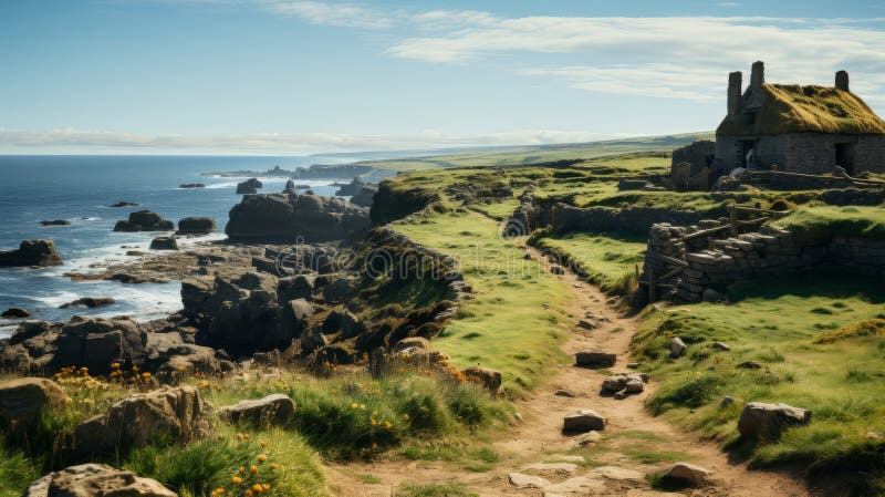 A Stone Building on a Cliff by the Ocean. Generative AI. Stock ...