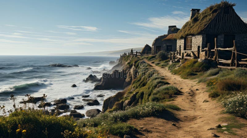 A Stone Building on a Cliff by the Ocean. Generative AI. Stock ...
