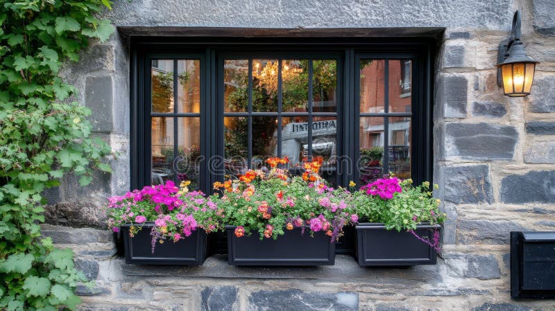 Stone Building Window Box Flowers Reflecting City Scene Stock ...