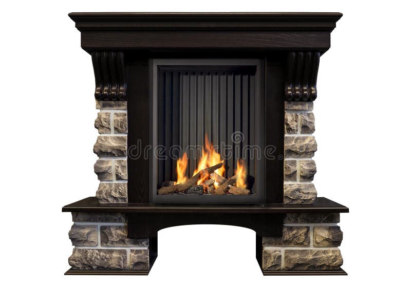 Stone Burning Fireplace Isolated on White Background Stock Photo ...