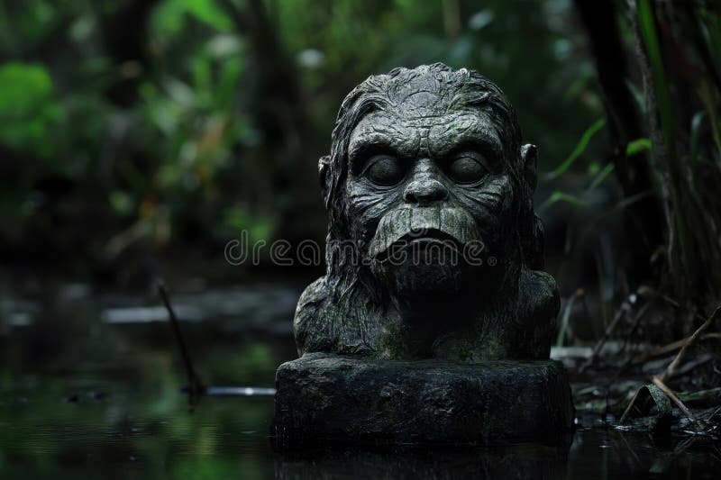 Mysterious Stone Bust Partially Submerged in Dark Forest Water during ...