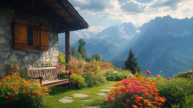Stone Cabin with Flower Garden and Mountain View Stock Image - Image of ...
