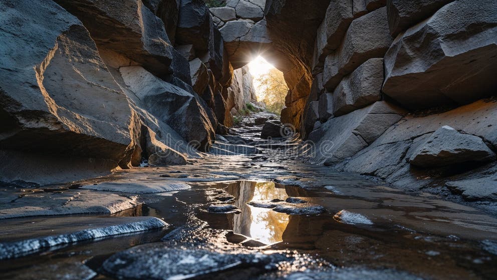 Stone Canyon Path with Puddles Reflecting Light Breaking through Narrow ...