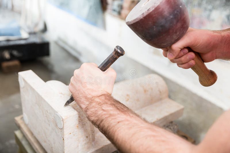 Stonemason Working at Marble Pillar Stock Image - Image of carve ...