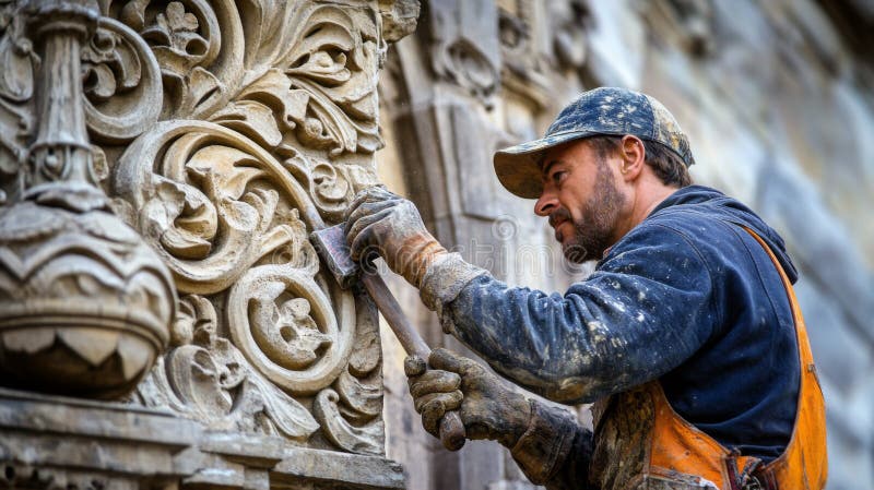 Stone Carver Working on Intricate Architectural Detail Stock ...