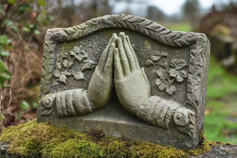 Stone Carving of Hands in Prayer Surrounded by Foliage Stock Image ...