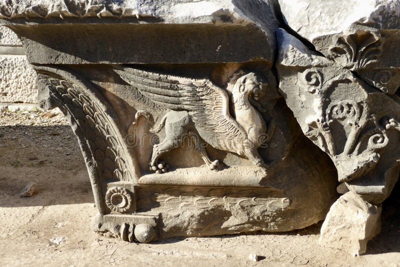 A Carving of a Winged Beast at the Temple of Apollo at Didim in Turkey ...