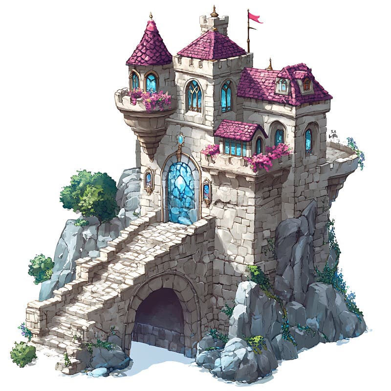 Stone Castle on Cliffside with Stone Steps and Archway Stock ...