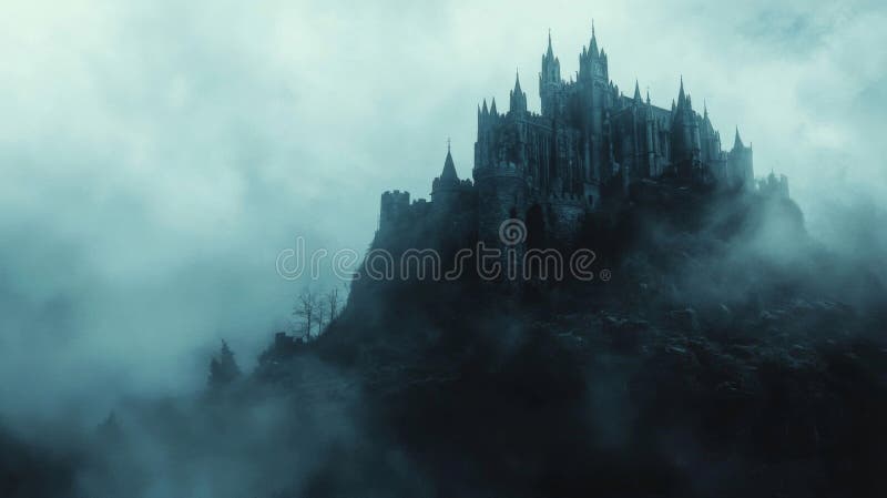 A Stone Castle Emerges from the Mist on a Mountainside Stock ...