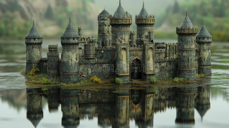 Stone Castle on a Misty Island with Water Reflection Stock Illustration ...