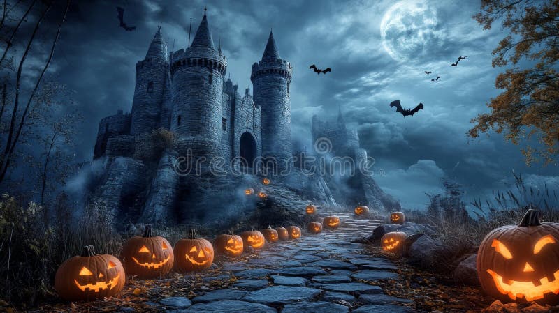 A Stone Castle Path Lit by Jack-o -Lanterns Under a Full Moon Stock ...