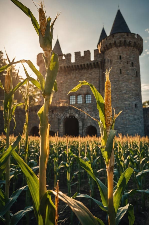 Golden Corn Stalks at Sunset with Medieval Castle Background Stock ...