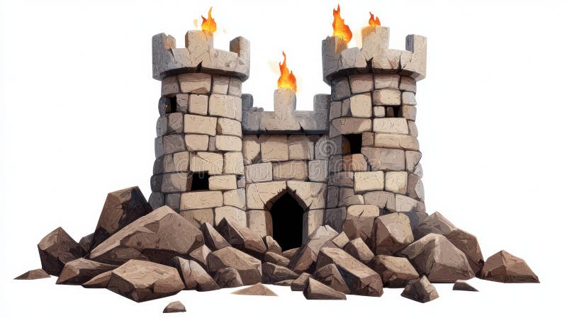 A Stone Castle with a Burning Tower, Surrounded by Rocks and Fallen ...