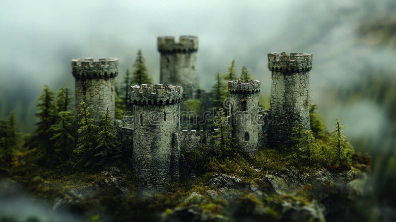Stone Castle Towers in Misty Mountain Landscape Stock Illustration ...