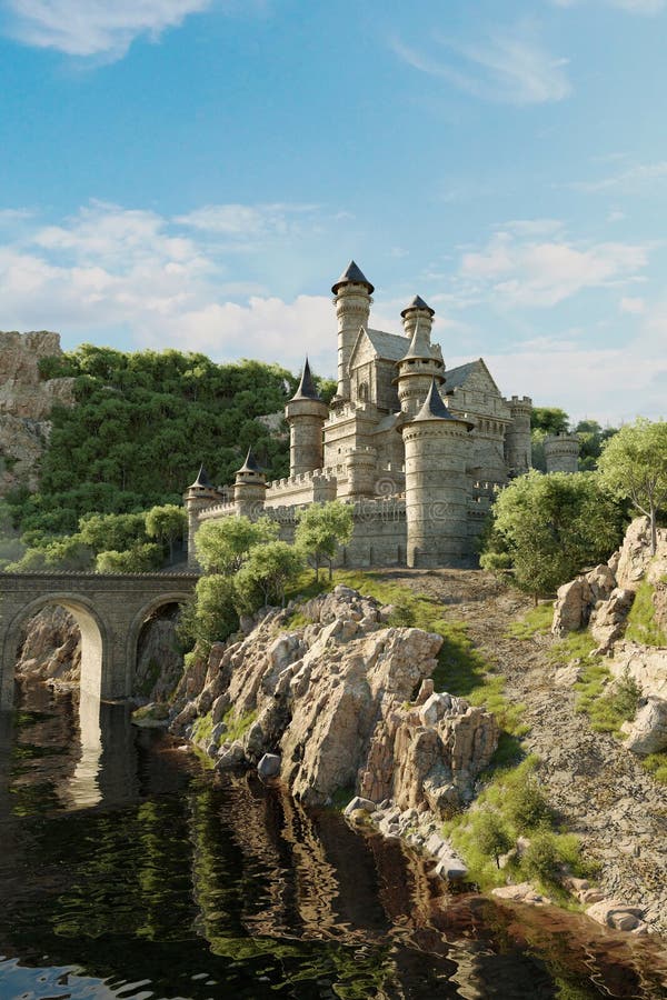 Stone Castle with Turrets Stands on Cliff with an Arched Bridge Over ...