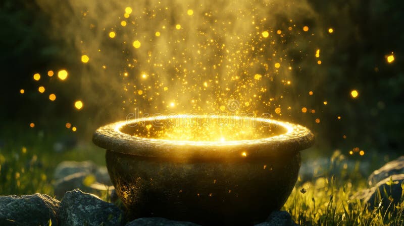 A Stone Cauldron Glowing with Golden Light and Magic Stock Illustration ...