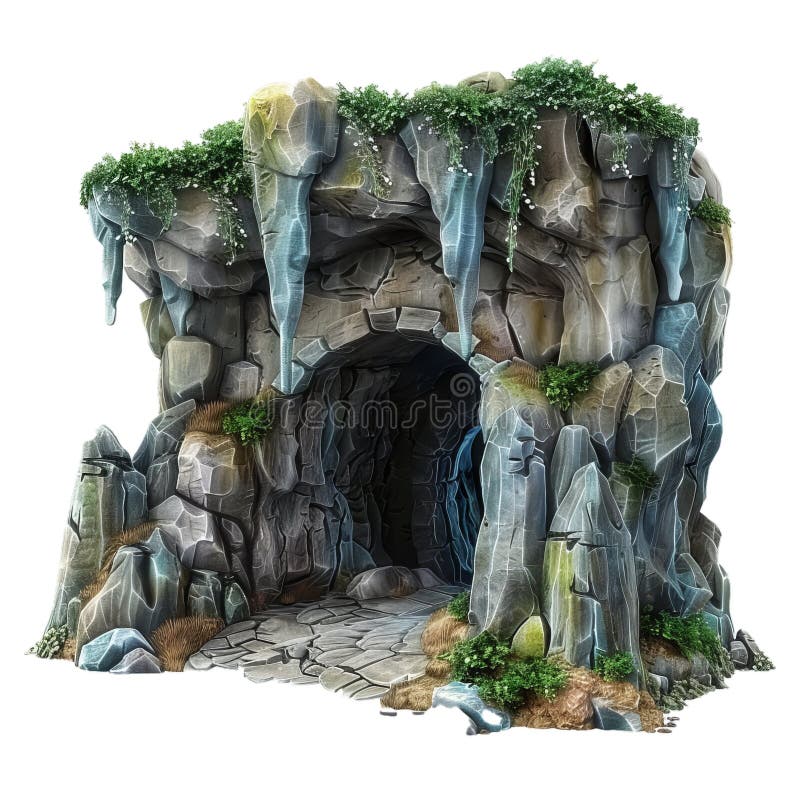 Stone Cave Entrance Covered with Moss and Icicles Leading To a Stone ...