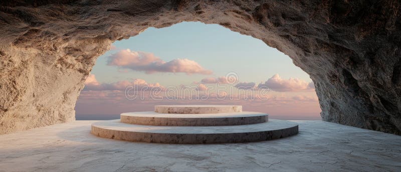 Stone Cave Opening To a Scenic Sunset View with a Three-tiered Platform ...