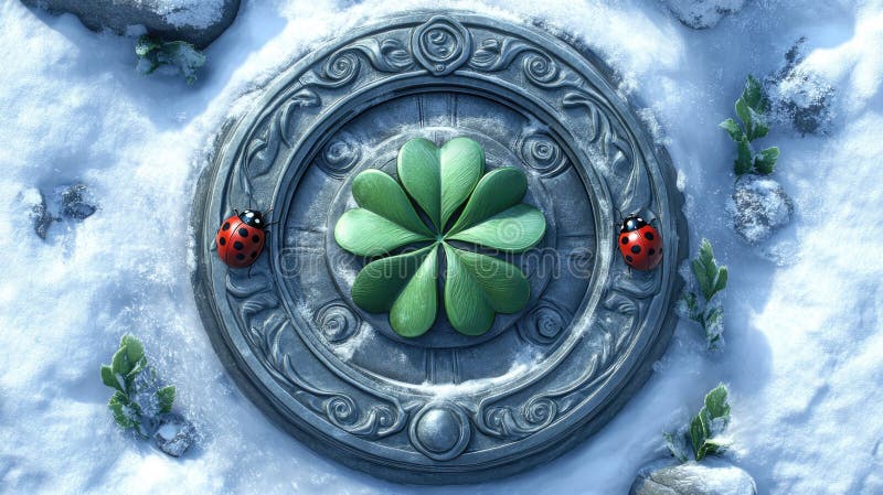 Stone Circle with Clover and Ladybugs in Snowy Setting. Happy St Stock ...