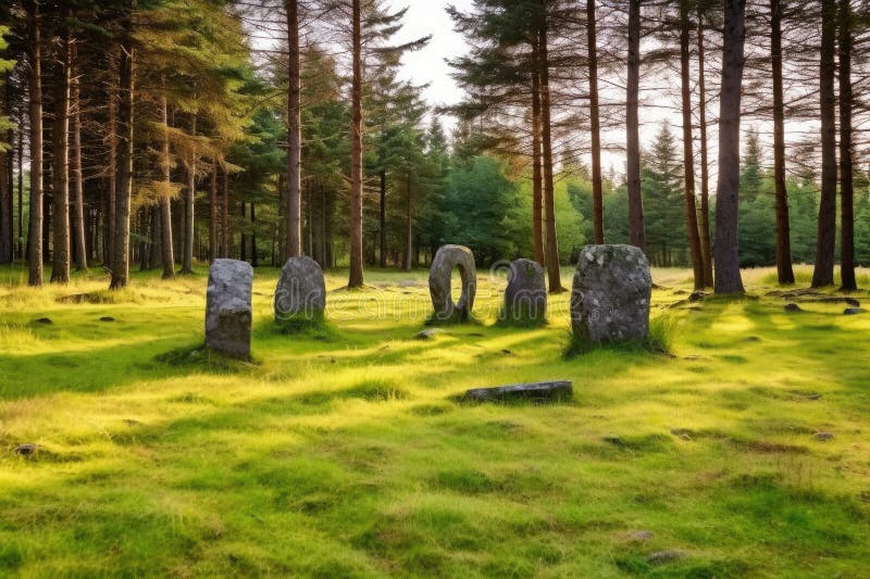 Stone Circle Encircled by a Ring of Pine Trees Stock Illustration ...