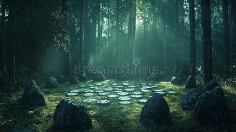 Stone Circle with Runes in a Foggy Forest Stock Illustration ...