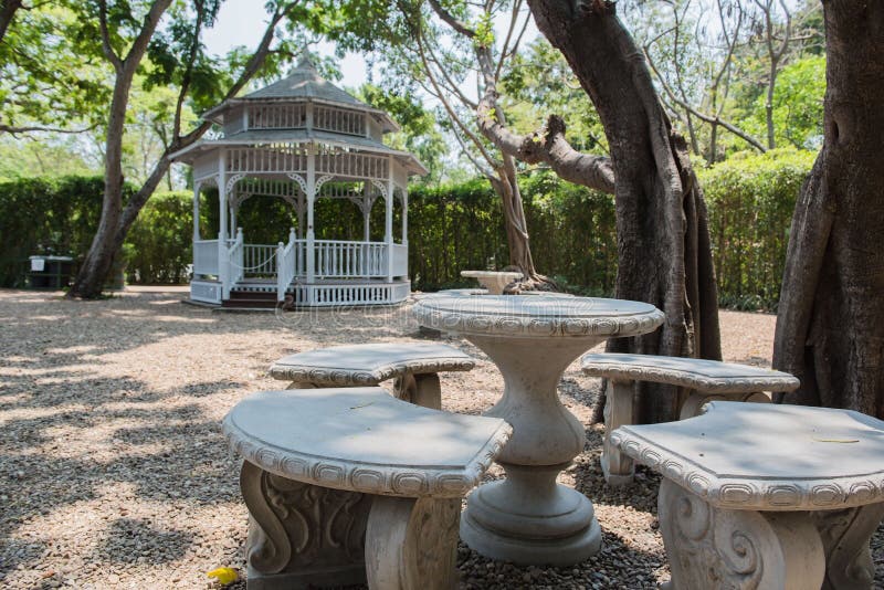 Stone Circle Table and Chair Outdoor in the Garden Stock Image - Image ...