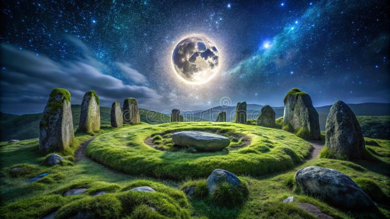 Stone Circle Under a Full Moon and Starry Night Sky. Generative AI ...