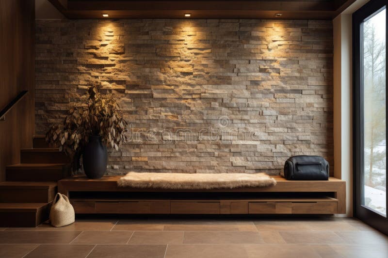 Stone Cladding Wall and Bench with Home Decor in Spacious Hallway ...